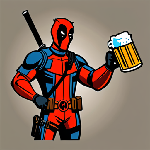 Deadpool holding a beer comic style logo add text BB Brewers in arial font