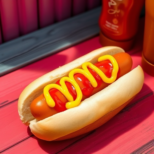 Create a high-resolution image of a hot dog with mustard and ketchup in ...