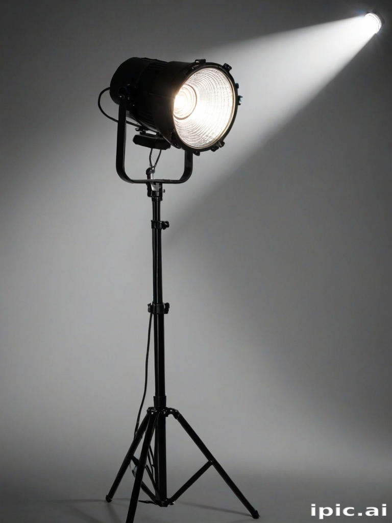 Vintage Studio Spotlight on Adjustable Stand Illuminating a Dark Background