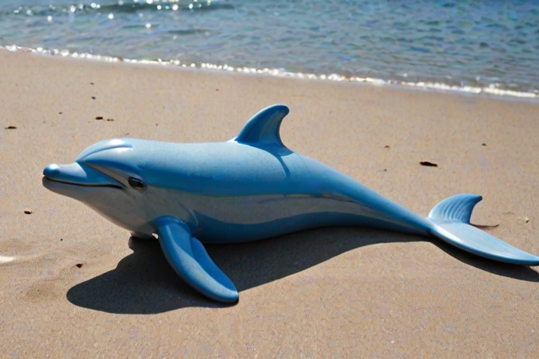 Bright Blue Dolphin Sculpture Resting on Sandy Beach by the Ocean