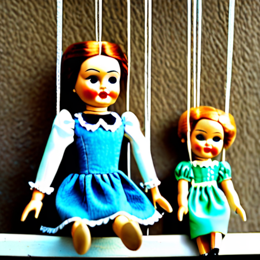 Photo realistic mid century pastel marionettes aplaying with dolls