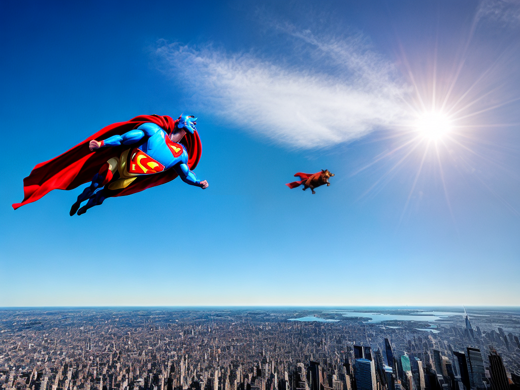 Cow with the cape of Superman flying in the sky of New York