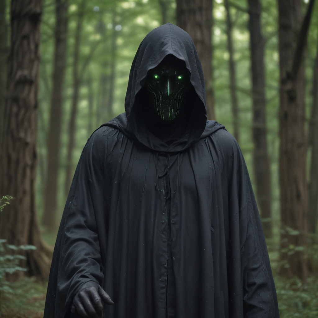ring wraith with glowing green eyes, a tattered cloak, hiding in a forest