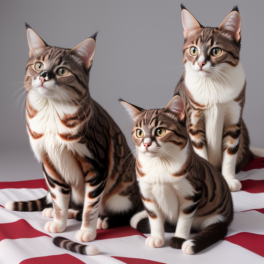 Three Playful Cats Posing Together on a Bright Red and White Background