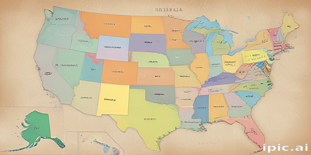 Colorful Map of the United States with States Labeled in Unique Fonts