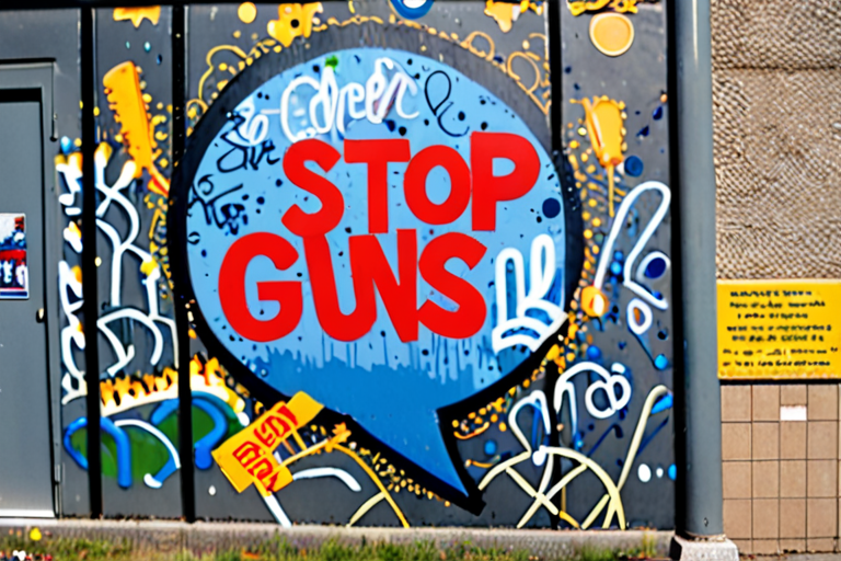 "Stop Guns Now" written in bubble graffiti on a wall