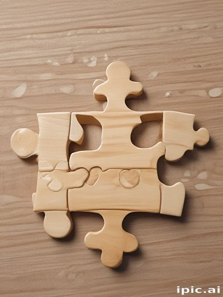 Four Wooden Puzzle Pieces Interlocking on a Smooth Wooden Surface