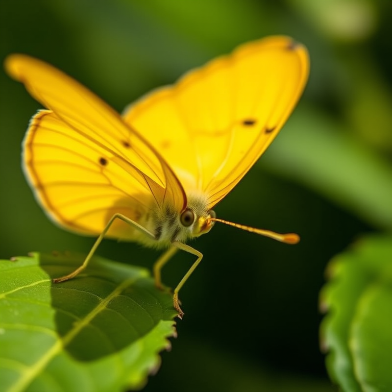 A Vibrant Yellow Butterfly Resting Gracefully on a Green Leaf.