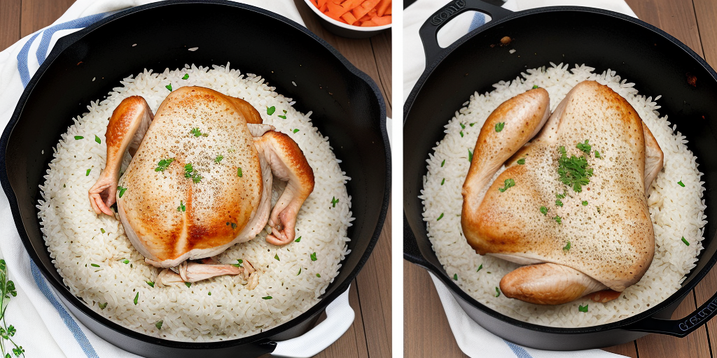 A Deliciously Roasted Chicken Nestled on a Bed of Fluffy Rice.