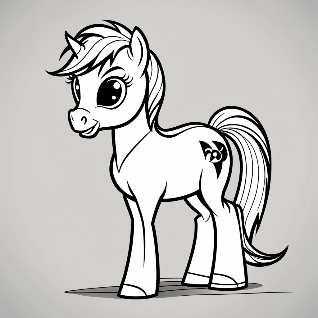 simple line drawing of cartoon pixar style pony low detail