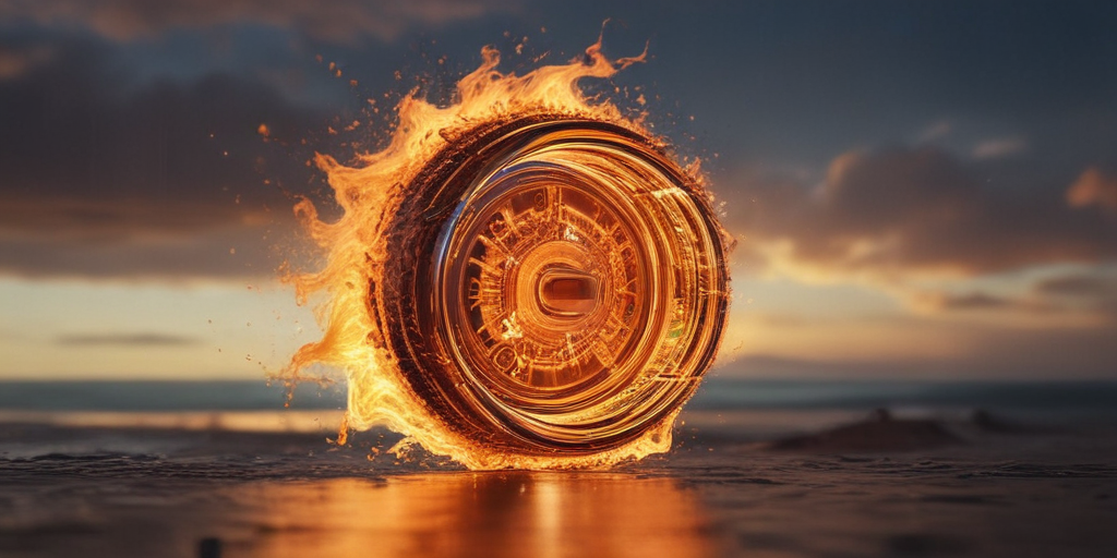 Fiery Wheel Rolling Along the Beach at Sunset, Creating a Spectacle