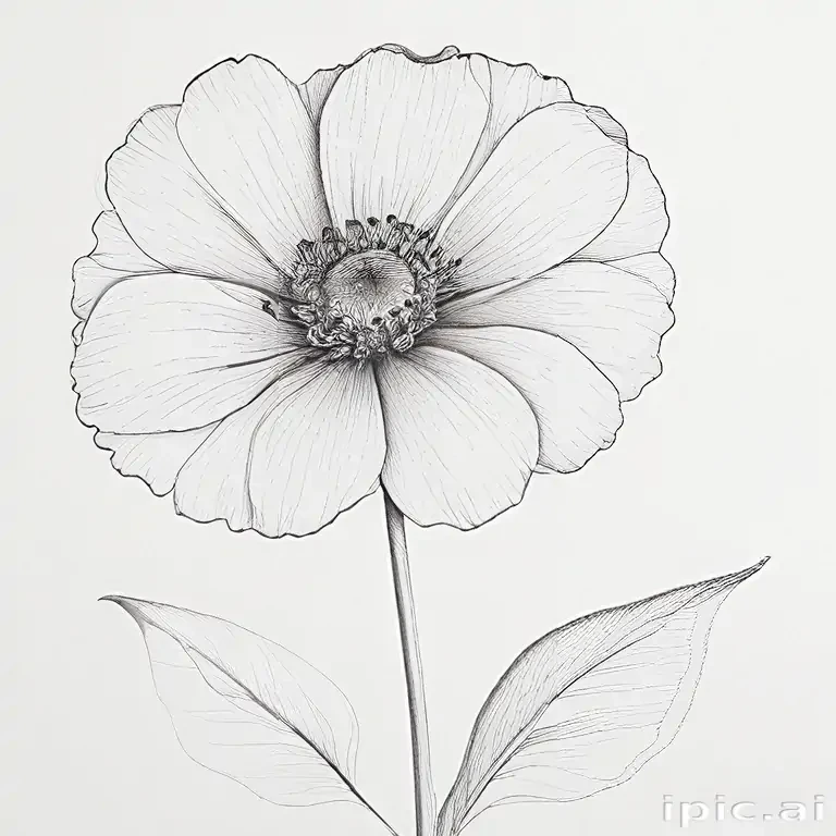 Delicate Line Art of a Single Flower with Graceful Petals and Leaves