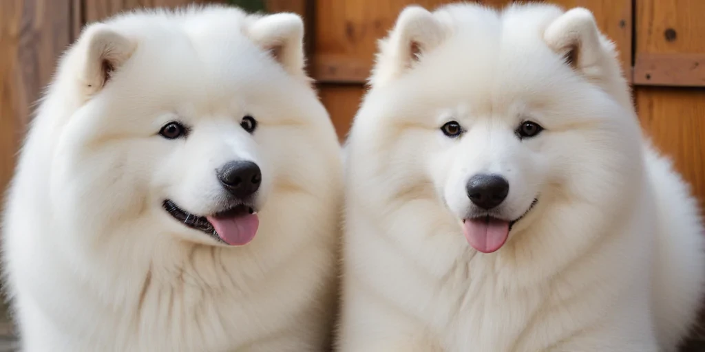Two Adorable Samoyed Dogs Sitting Together, Smiling and Enjoying Their Day.