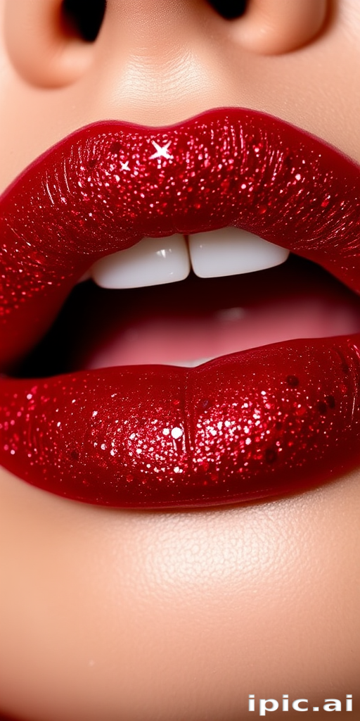 Luscious Close-Up of Glossy Red Lips with Sparkling Glitter Effect
