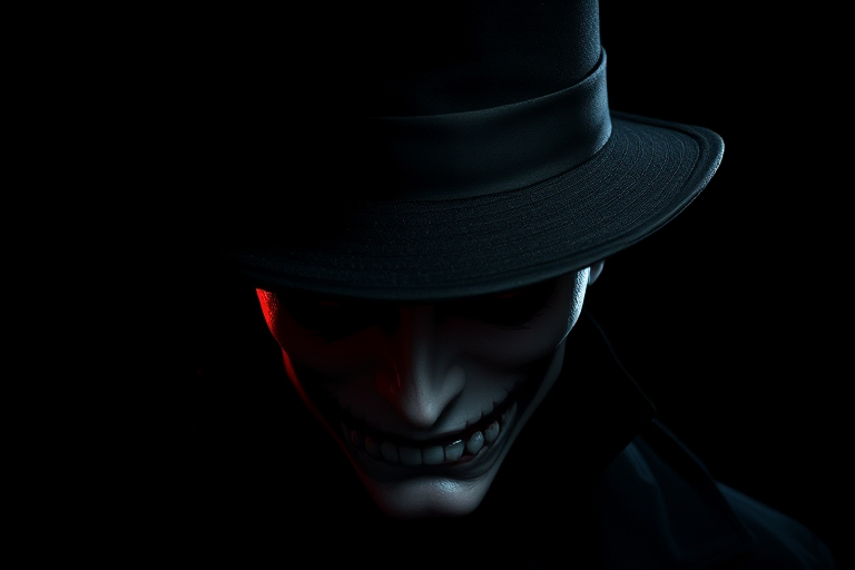 Mysterious Figure with Sinister Smile Emerging from the Shadows
