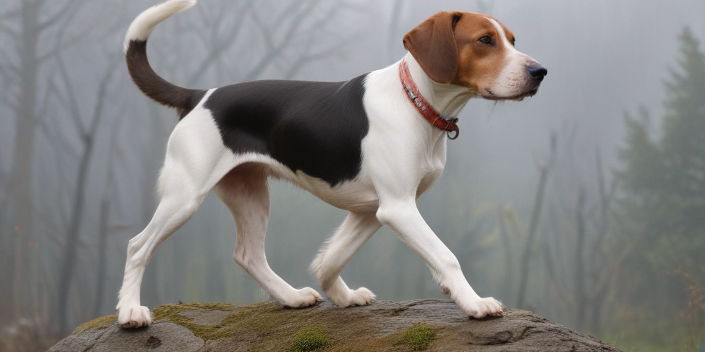 A Beagle Dog Striding Confidently on a Rock in Misty Forest.