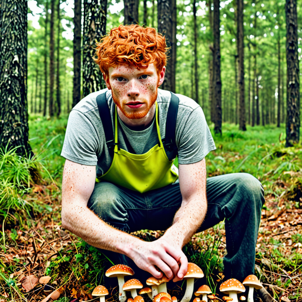 freckled ginger zoomer emo guy picking mushrooms out of a sloppy poop