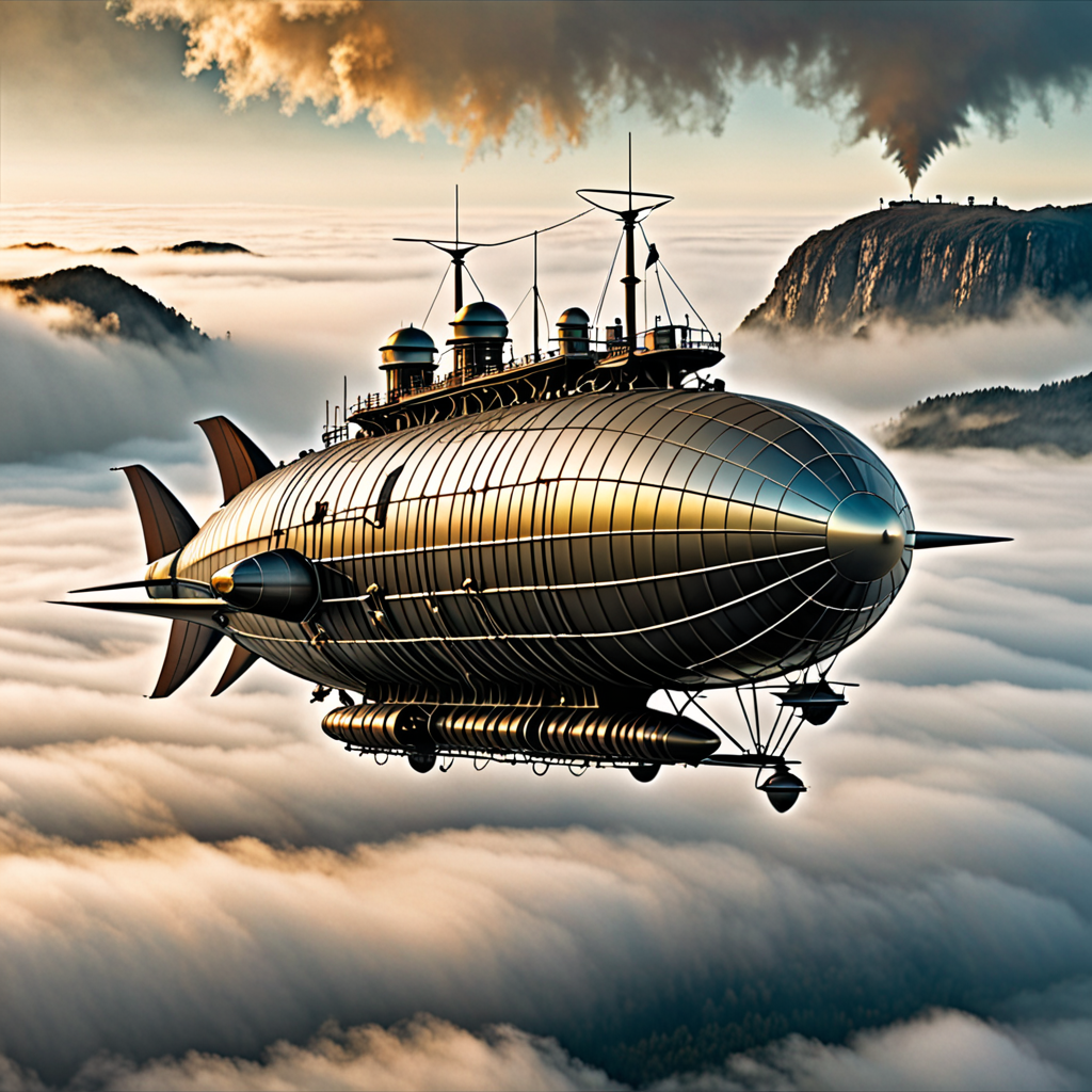 Steampunk airship on a sea of fog and mist, no ground visible, zeppelin ...