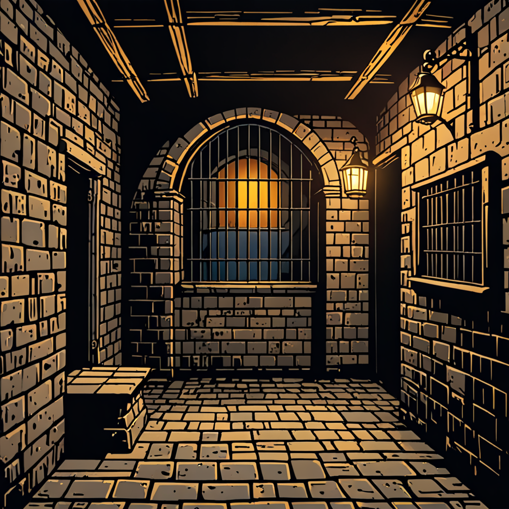 prison cell in the basement of a medieval castle. Night. Flat colors.