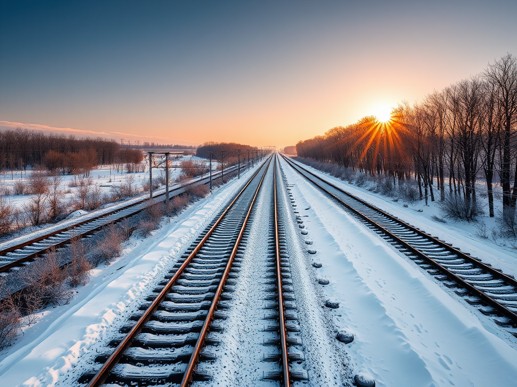 capture a winter landscape featuring train tracks covered with snow ...