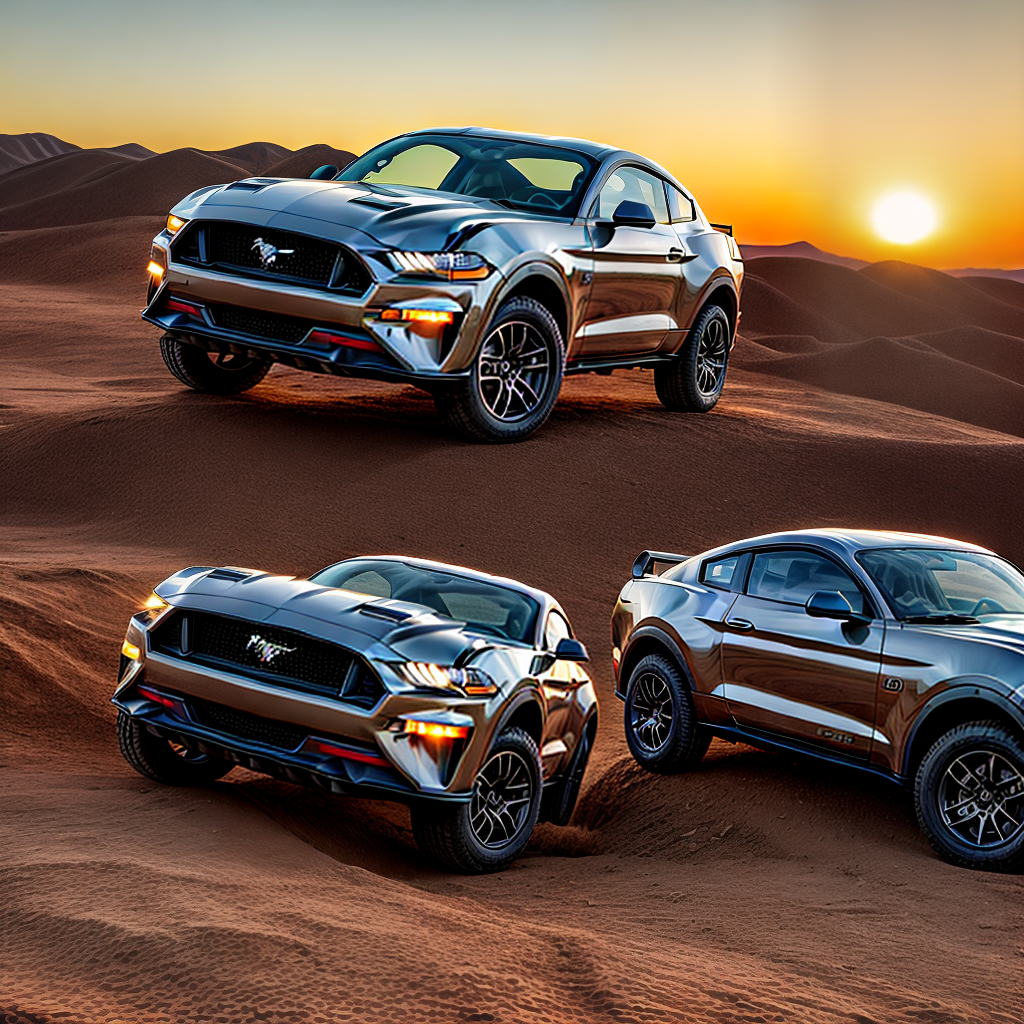 Mustang com pneus off road no deserto com por do sol