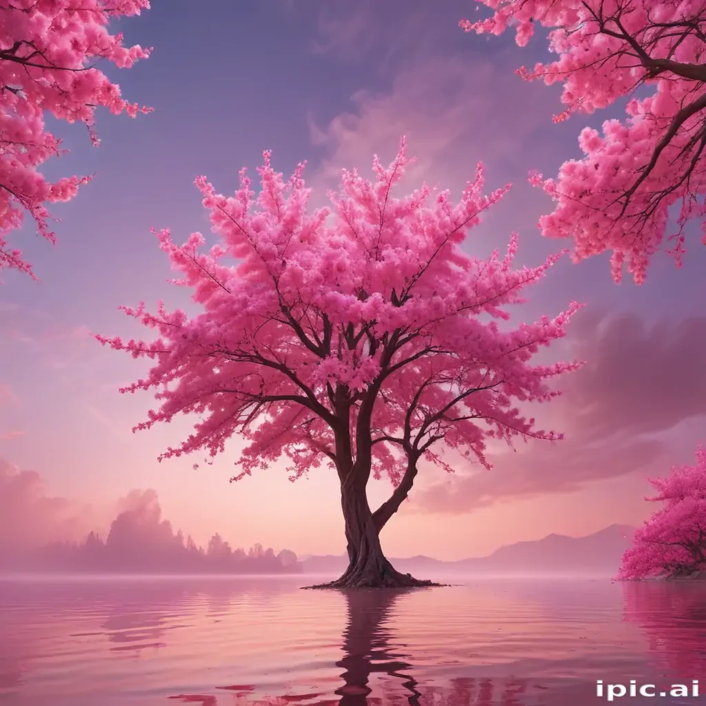 A Serene Sunset Scene Featuring a Vibrant Pink Blossom Tree by Water.