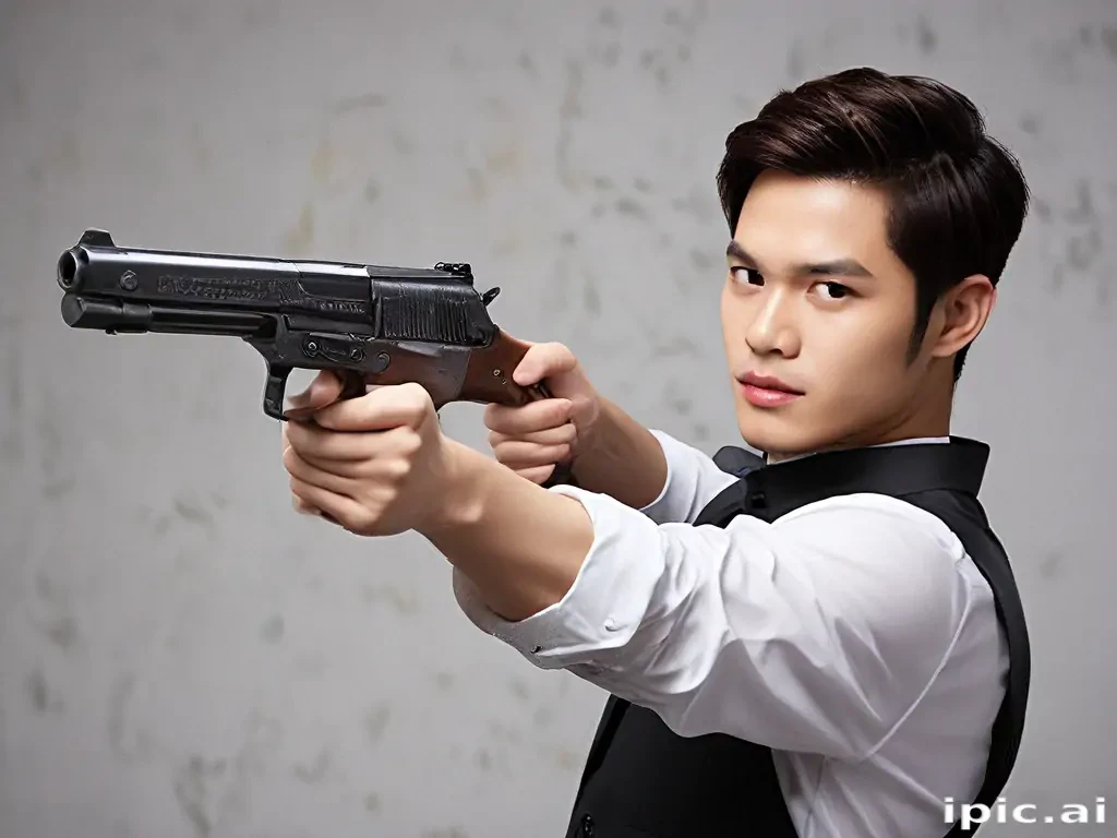 A Confident Young Man Aiming a Handgun with Determination and Style.
