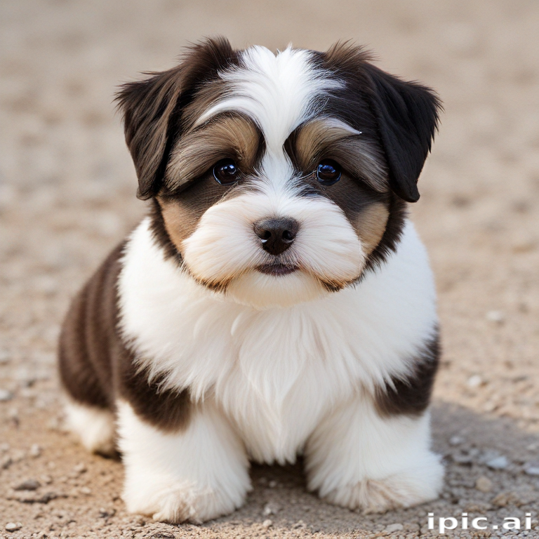 Adorable Small Puppy with Fluffy Coat Sitting on Sandy Ground