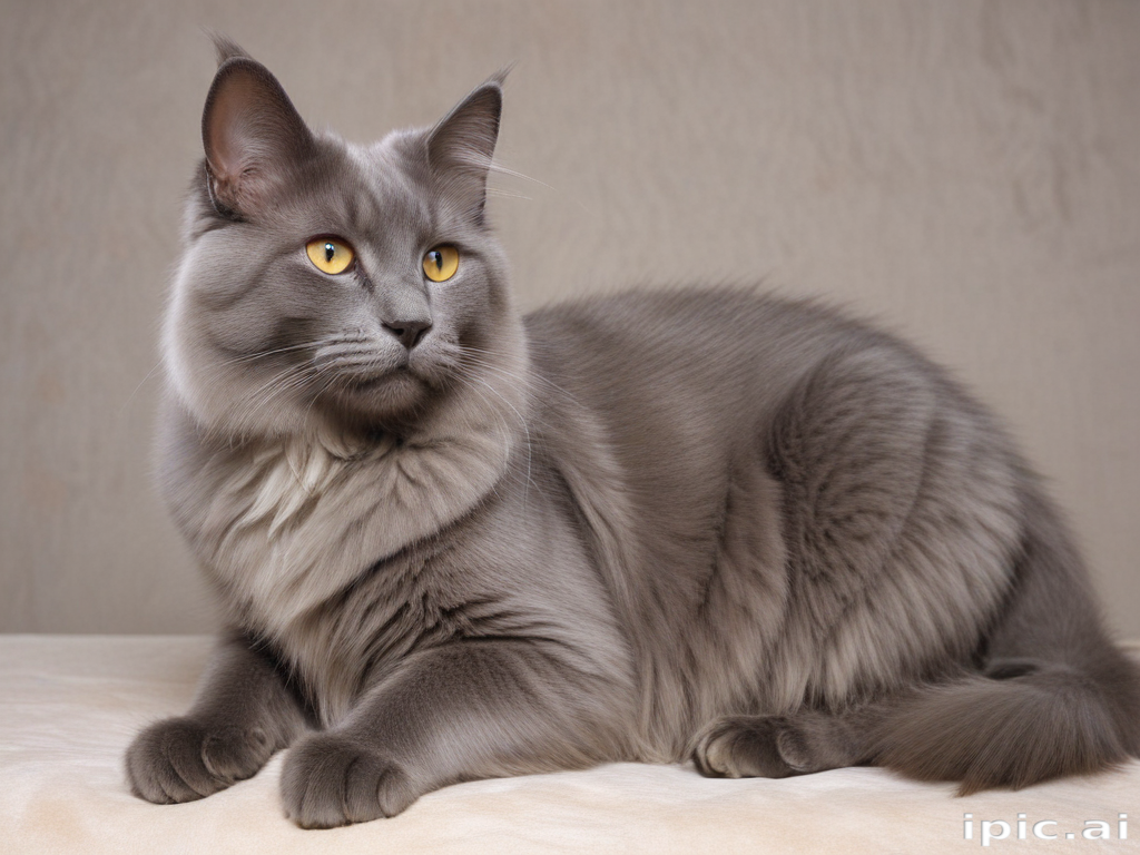 A Majestic Gray Cat Posing Gracefully on a Soft Surface.