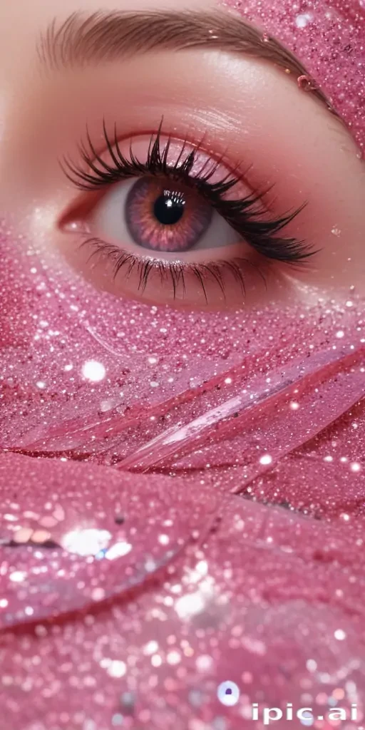 Close-Up of a Sparkling Pink Eye Surrounded by Glittering Fabric