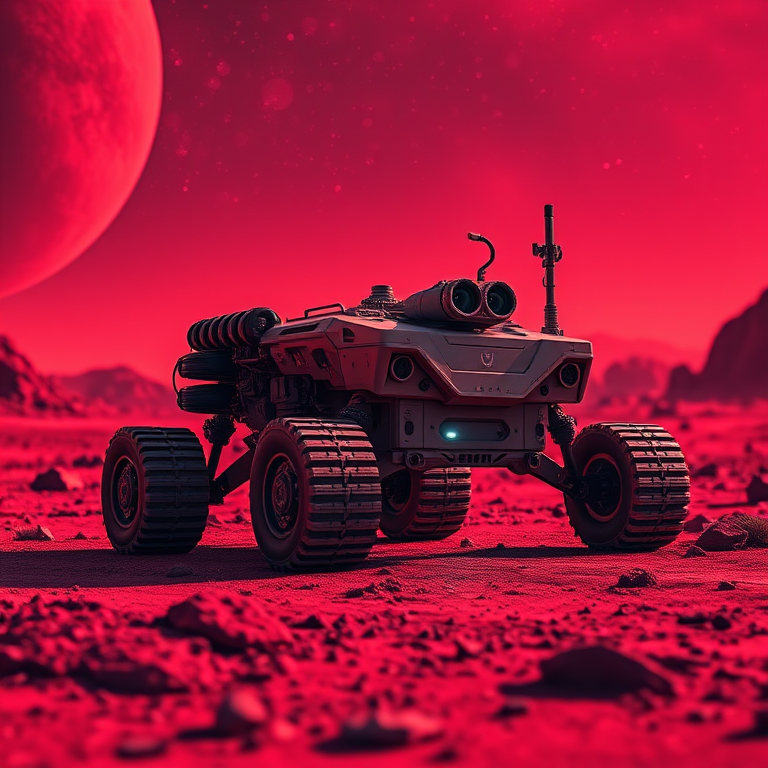 Futuristic Rover Exploring the Red Planet Under a Distant Celestial Body