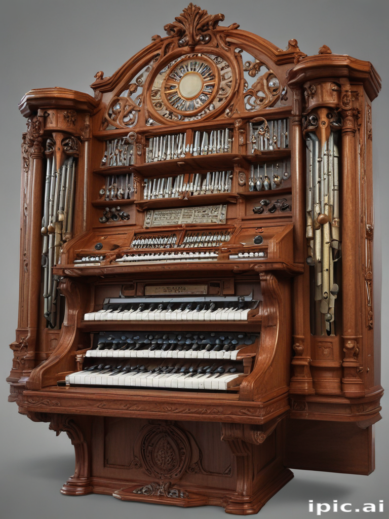 Intricately Designed Vintage Organ with Elaborate Wood Carvings and Pipes
