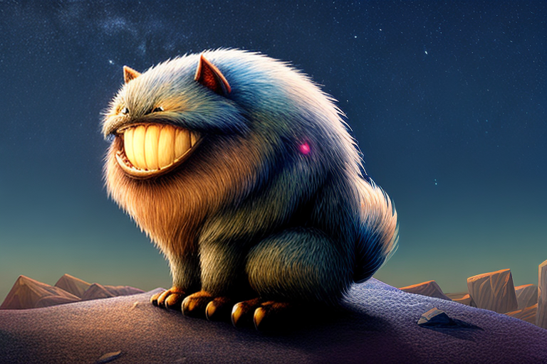 cute fluffy monster with teeth at night