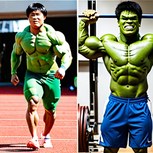 an asian athlete transforming in a hulk