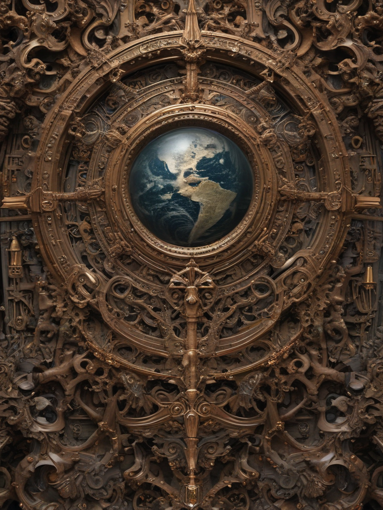 Intricate Wooden Carving Featuring a Celestial Globe at Its Center