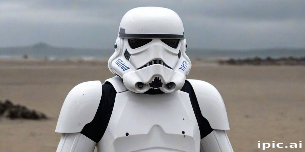 Stormtrooper Stands Alone on a Beach Under a Cloudy Sky