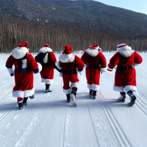 santa doing exercise with with elves and reindeer in north pole