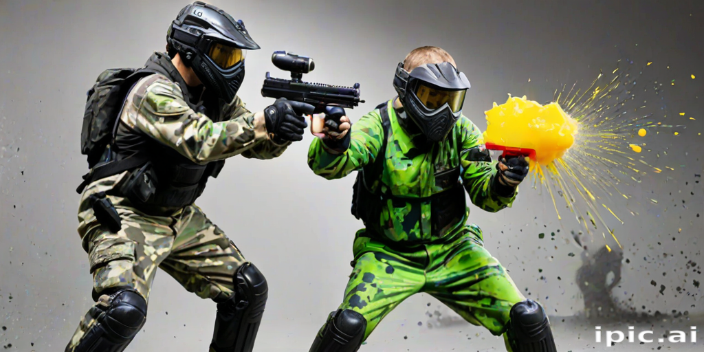 Intense Paintball Battle Between Two Competitors in Vibrant Camouflage Gear