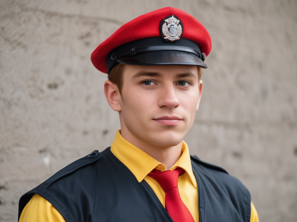 a guy with a red policeman's hat, red hair and a yellow shirt