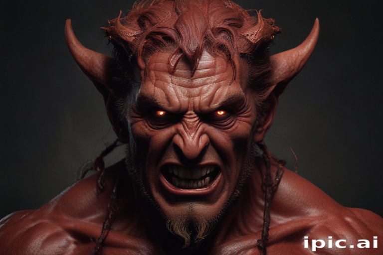 Intense Portrait of a Mythical Demon with Fiery Eyes and Horns