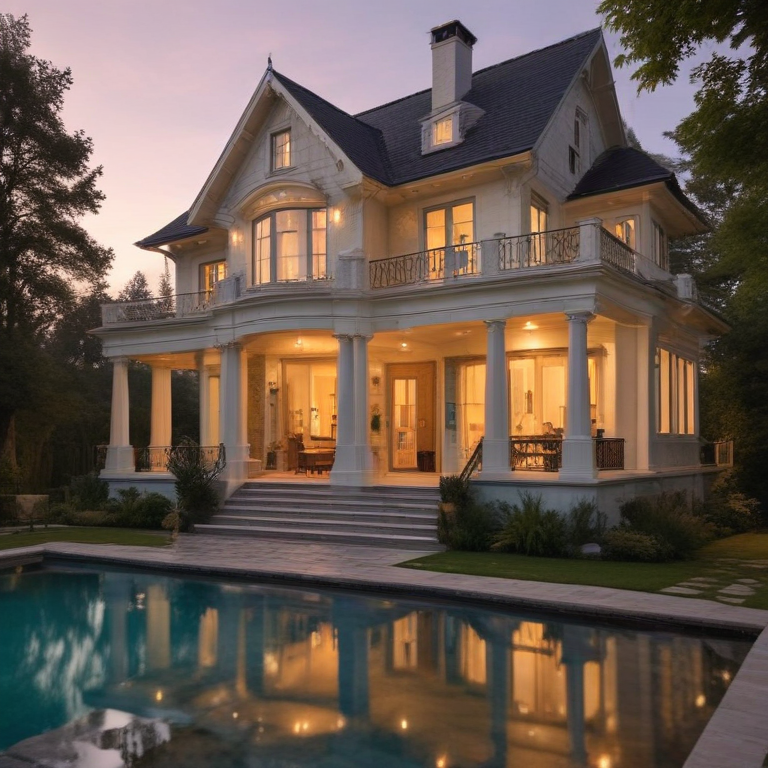 Elegant Two-Story Mansion with Pool, Surrounded by Lush Greenery at Dusk
