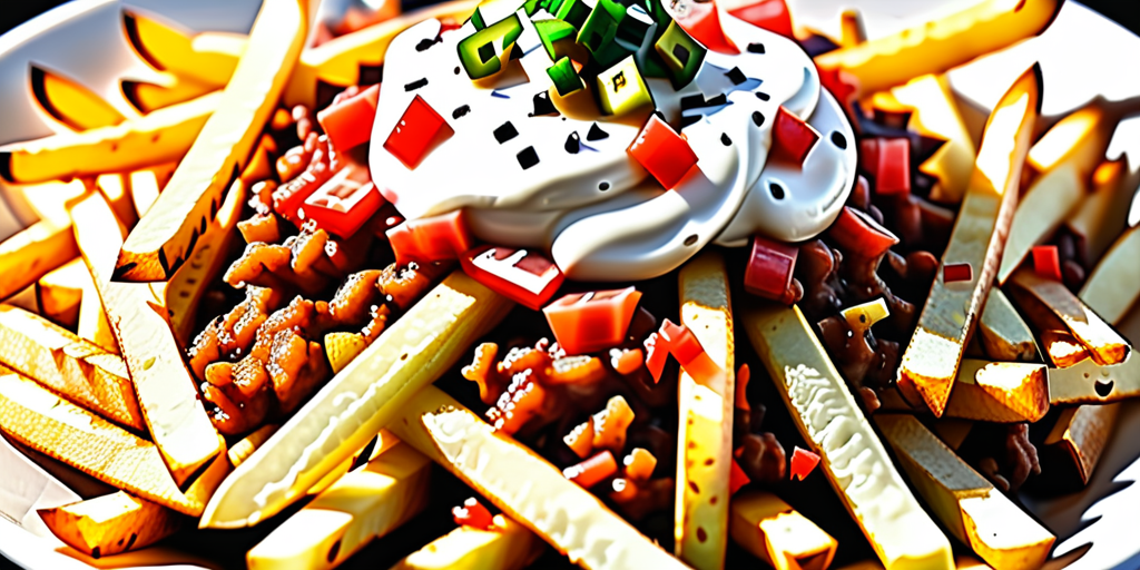 A Deliciously Loaded Plate of Crispy Fries with Toppings and Sauce.