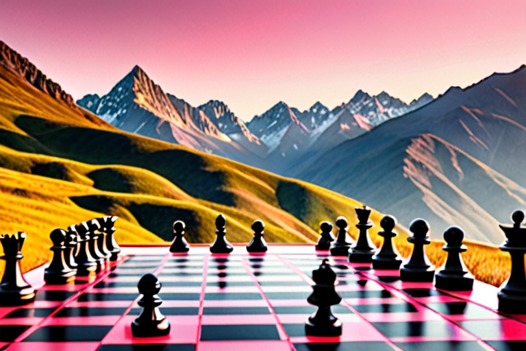 chess board with real entity , scenery , yellowish sun and pink sky ...