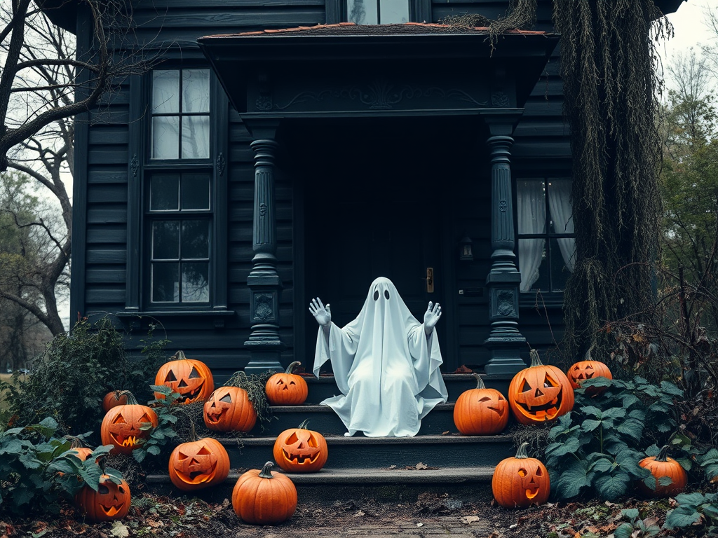 A Playful Ghost Welcomes Halloween with Carved Pumpkins at the Doorstep