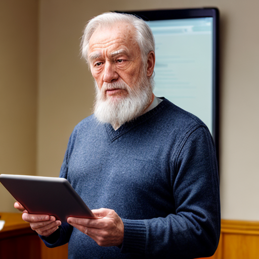 Old stoic man doing business holding a tablet