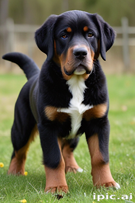 A Playful Rottweiler Puppy Standing Proudly in a Green Field.