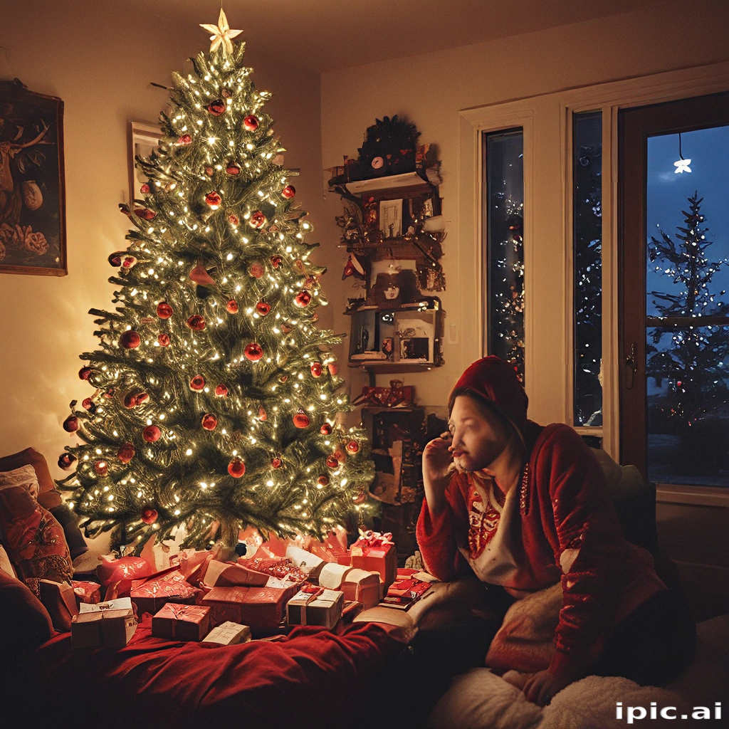 Cozy Holiday Scene with a Christmas Tree and Piles of Gifts