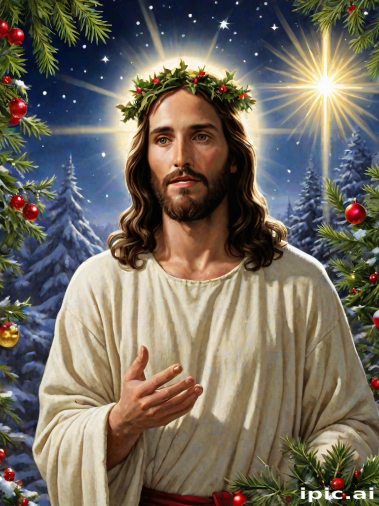 Peaceful Portrait of Jesus Surrounded by Winter Trees and Christmas ...