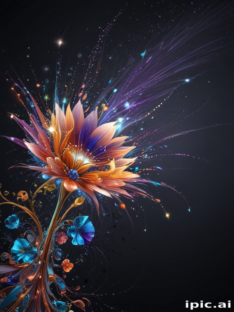Vibrant Abstract Floral Design with Colorful Swirls and Sparkling Details