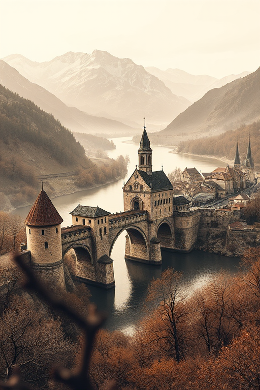 Serene Landscape Featuring a Majestic Bridge Overlooking a Tranquil ...